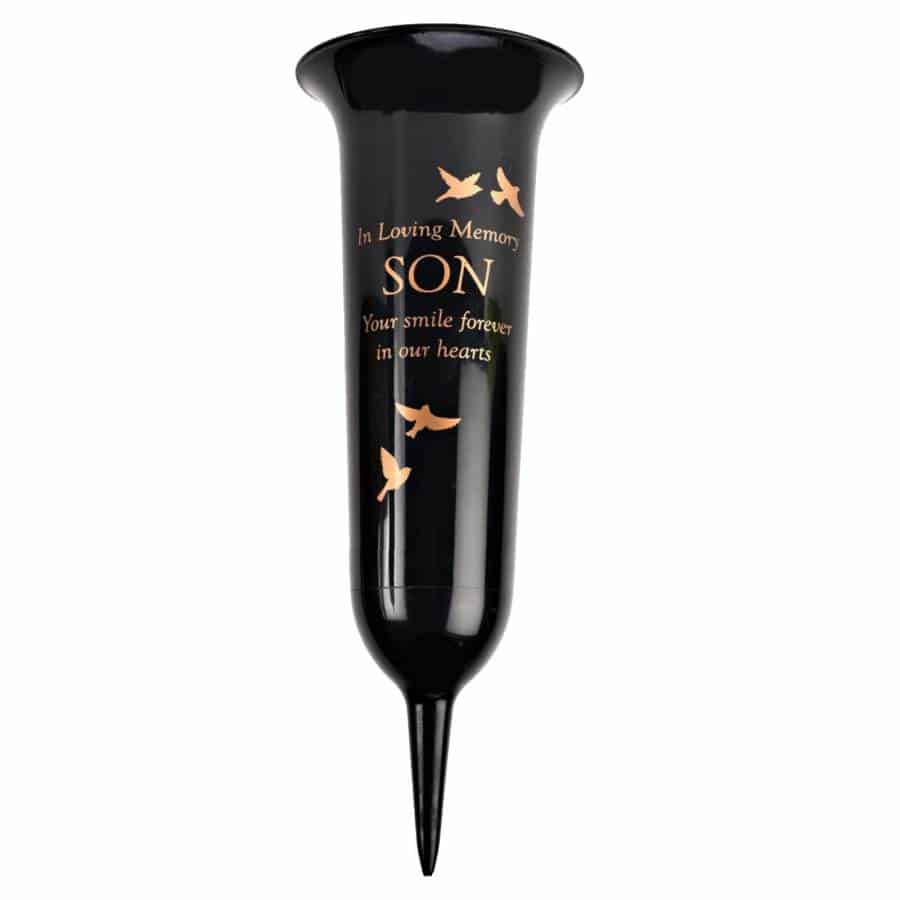 Black Vase “In Loving Memory Son” Spiked Memorial Grave Vase Flowers ...